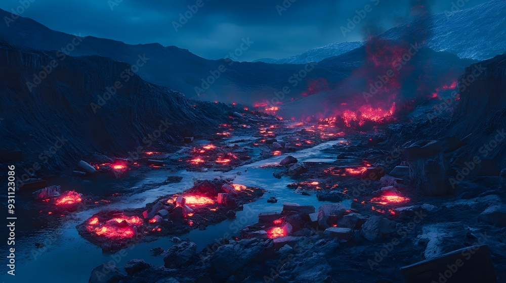 12. A conceptual artwork showing a toxic waste dump with eerie, glowing ...
