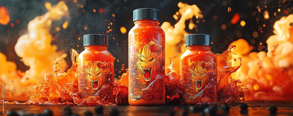 A bold packaging design for spicy hot sauces, featuring fiery colors ...