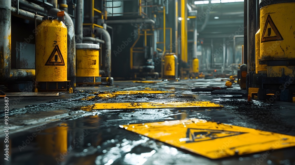 2. A scene depicting a hazardous chemical spill on a factory floor with ...