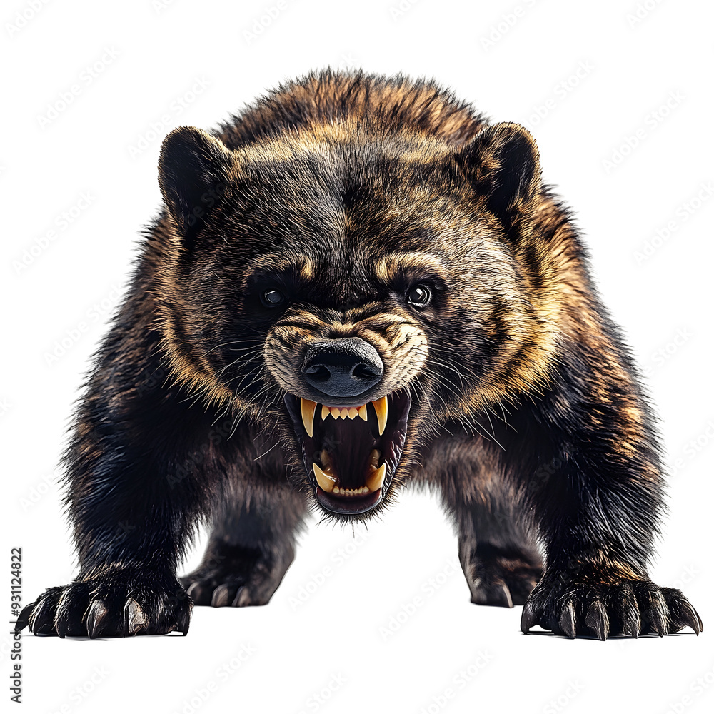 Snarling Wolverine in Aggressive Action on Plain White Background ...