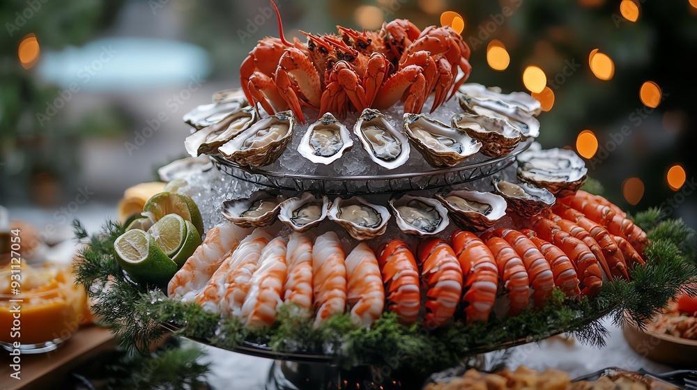 A gourmet seafood tower featuring oysters, lobster tails, and king crab ...