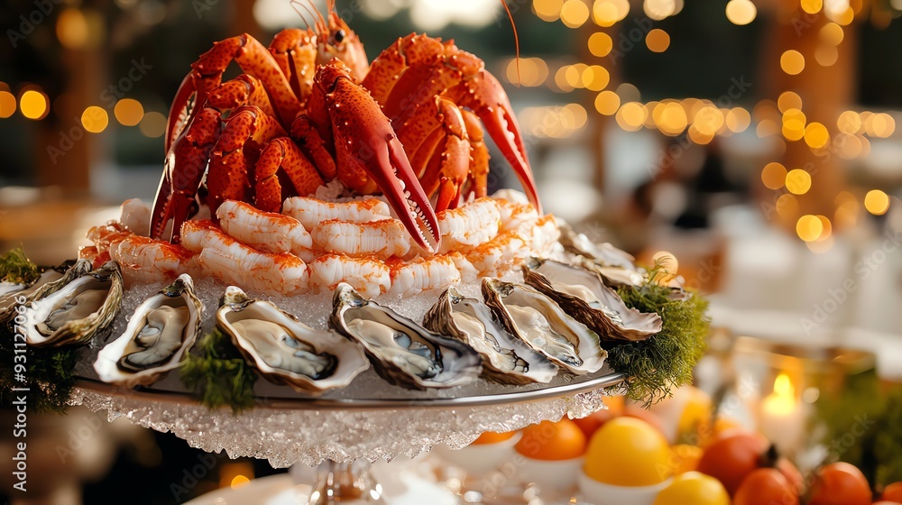 A gourmet seafood tower featuring oysters, lobster tails, and king crab legs, presented on ice ...