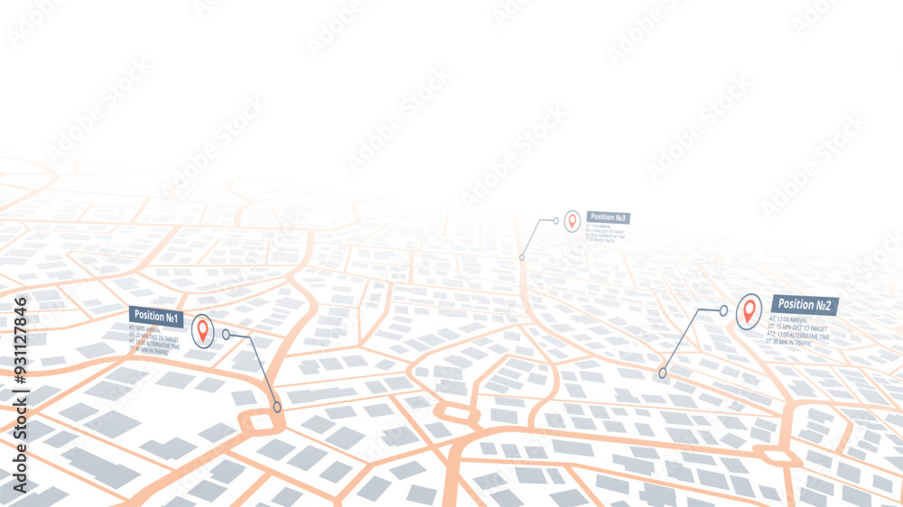 Destinations. Perspective Gps tracking map. Track navigation pin on ...