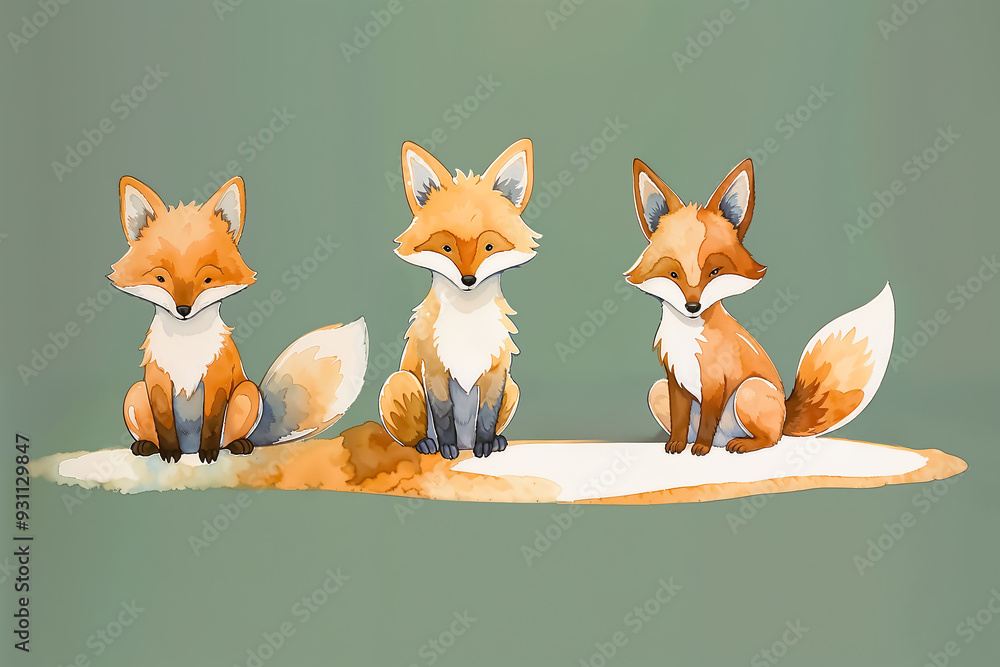 Watercolor illustration of three foxes sitting on a dark background ...