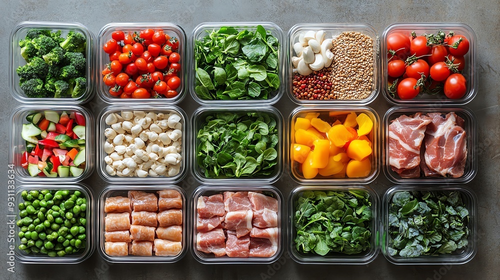 A weekly meal plan layout with fresh ingredients like leafy greens ...