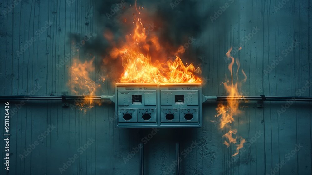 EU standard outlet with a burning electrical cord and a plug in a ...