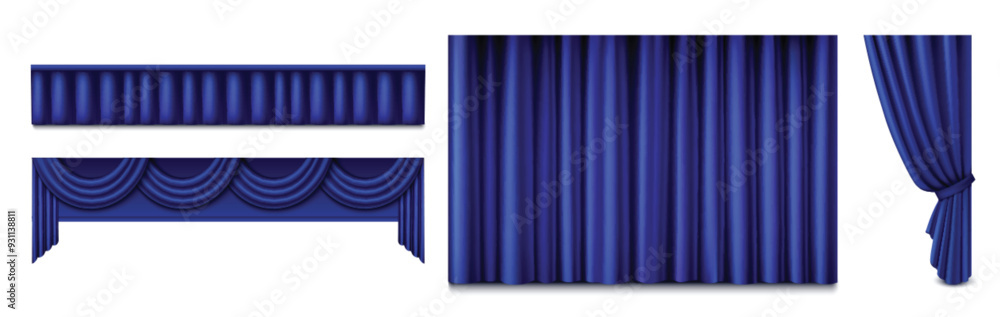 Blue theater stage curtain closed and open, long and short top border ...
