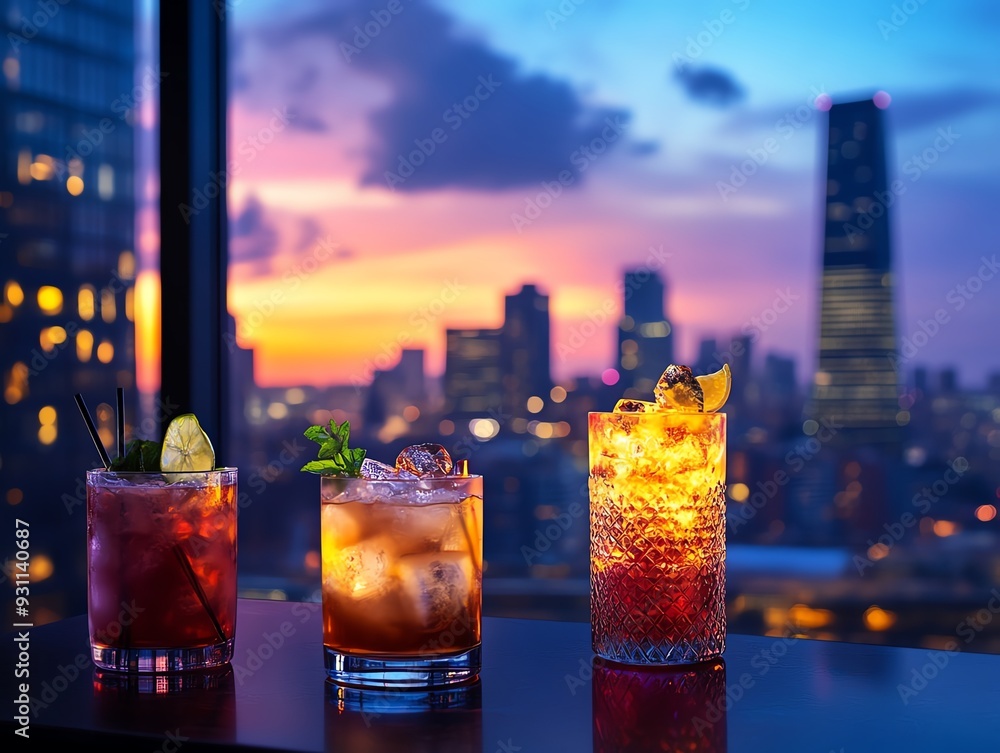 Rooftop bar with panoramic city views, assorted cocktails glowing under ...