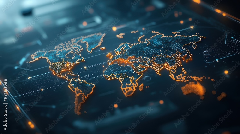 A digital art piece depicting a world map as a neural network ...
