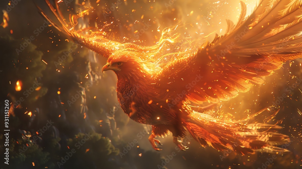 A mythical phoenix bird emerges from flames, its wings spread wide ...