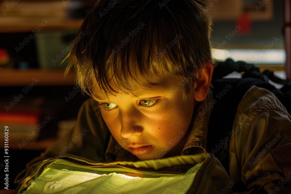 Boy examining a glowing object inside his bag, with his face softly lit ...