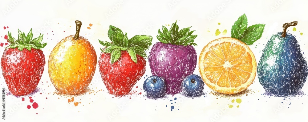 Children's drawing style fruit pattern,Drawings with crayon,Various ...