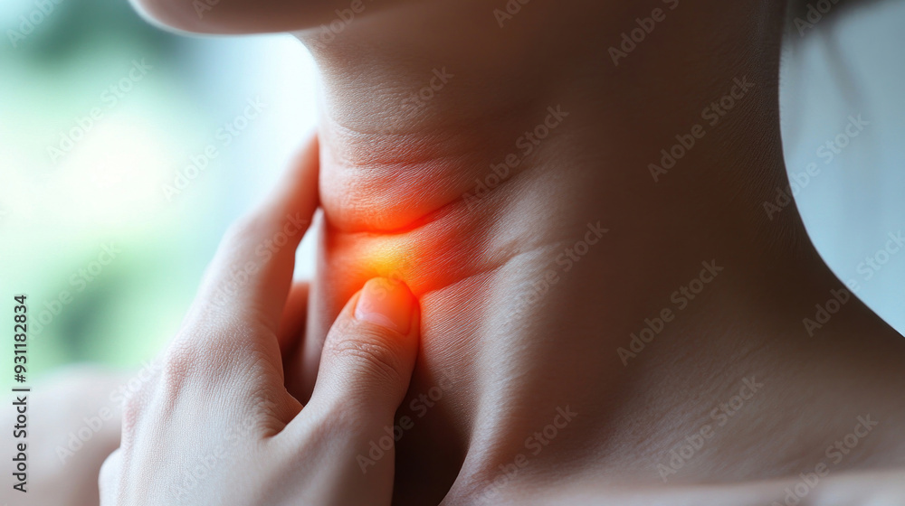 A person touching their neck in discomfort, indicating symptoms of a ...