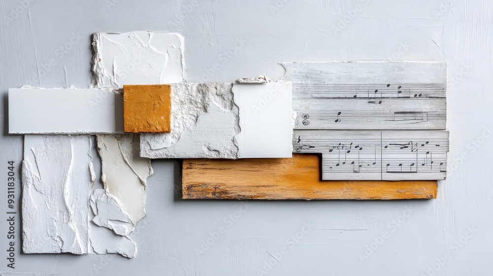A mixed-media abstract collage incorporating various textures and music ...
