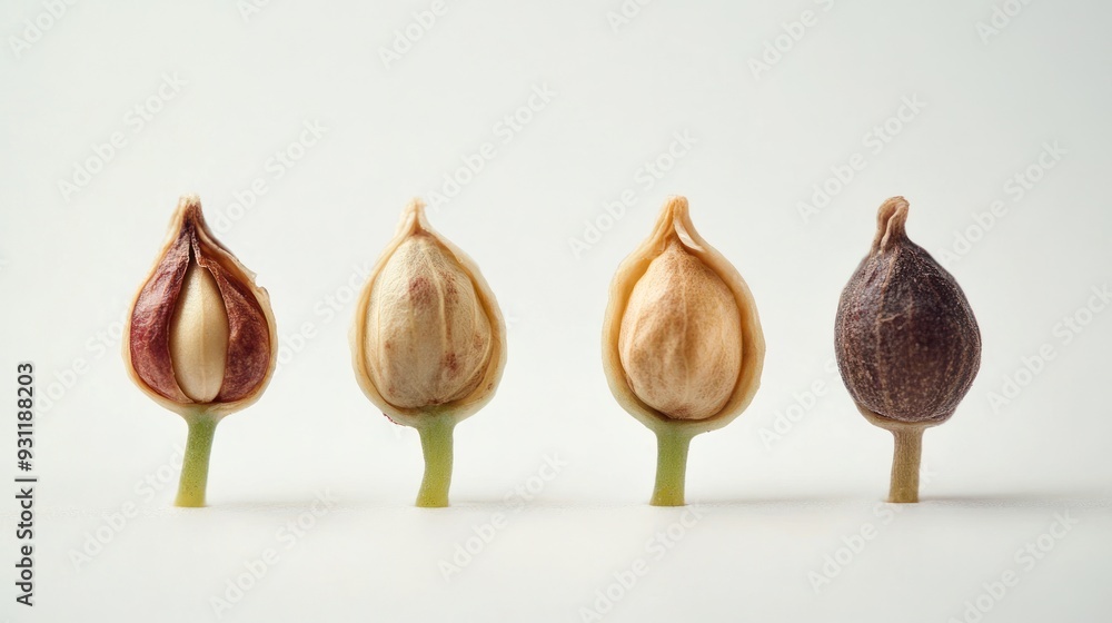 Four pistachio nuts at various stages of opening, standing upright on a ...