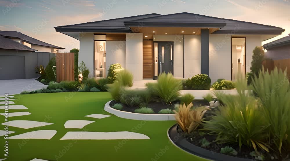 Front yard of an Australian home featuring artificial grass lawn and ...