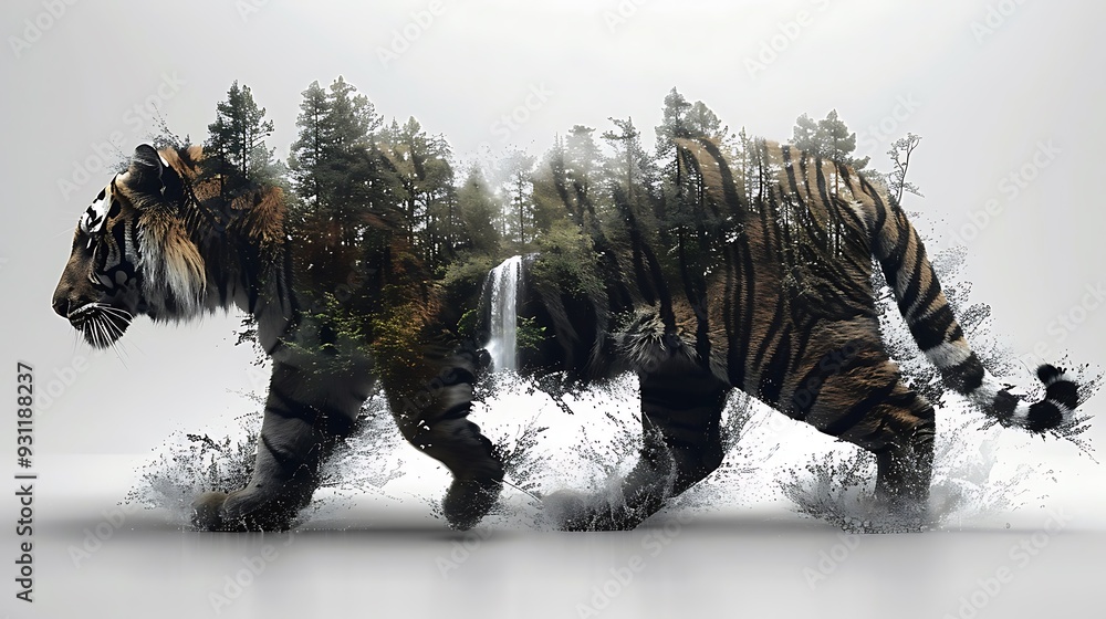 A tiger in motion, its stripes merging with the dense greenery and ...