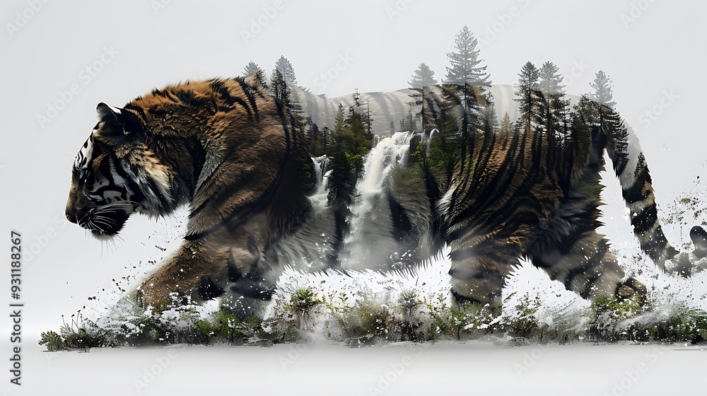 A tiger in motion, its stripes merging with the dense greenery and ...