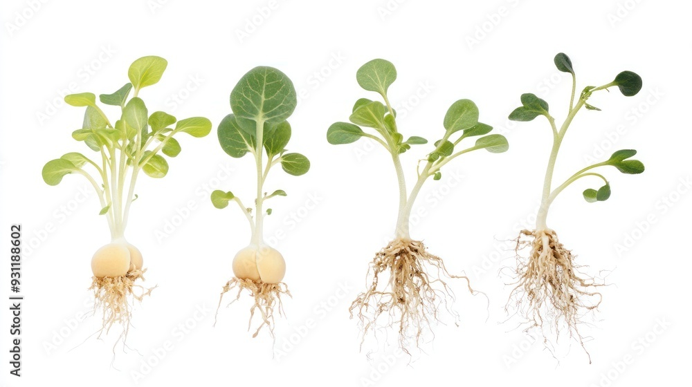 Four stages of plant growth from sprouting seed to a young plant with ...