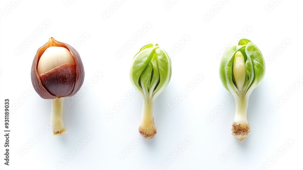 Three stages of plant growth shown in sequence: a sprouting seed, a ...