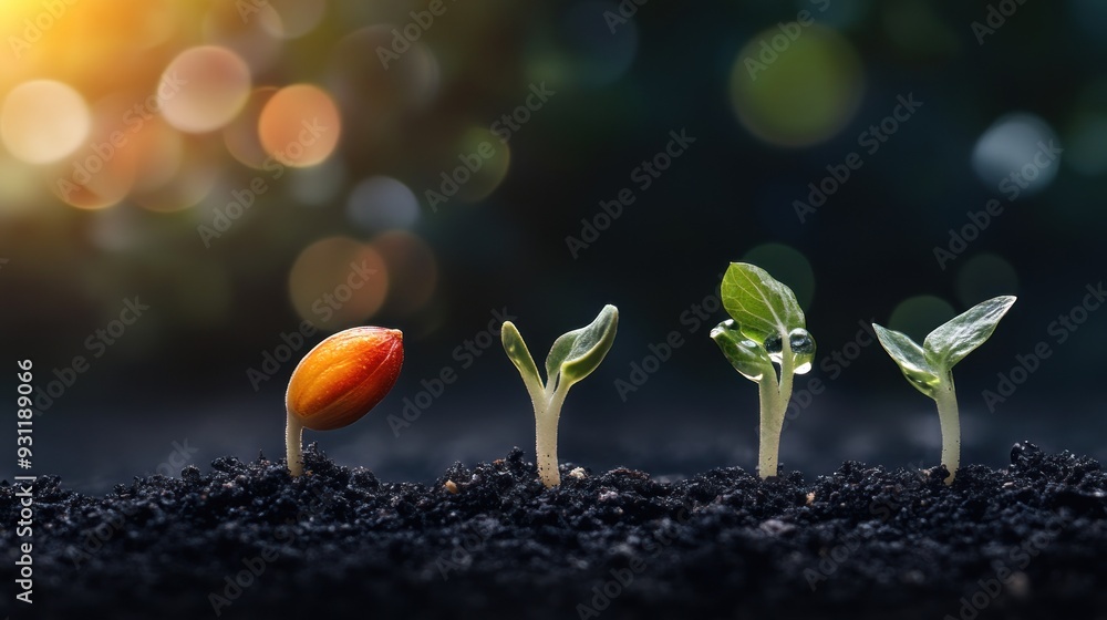 Stages of plant growth shown in sequence from a seed to small saplings ...