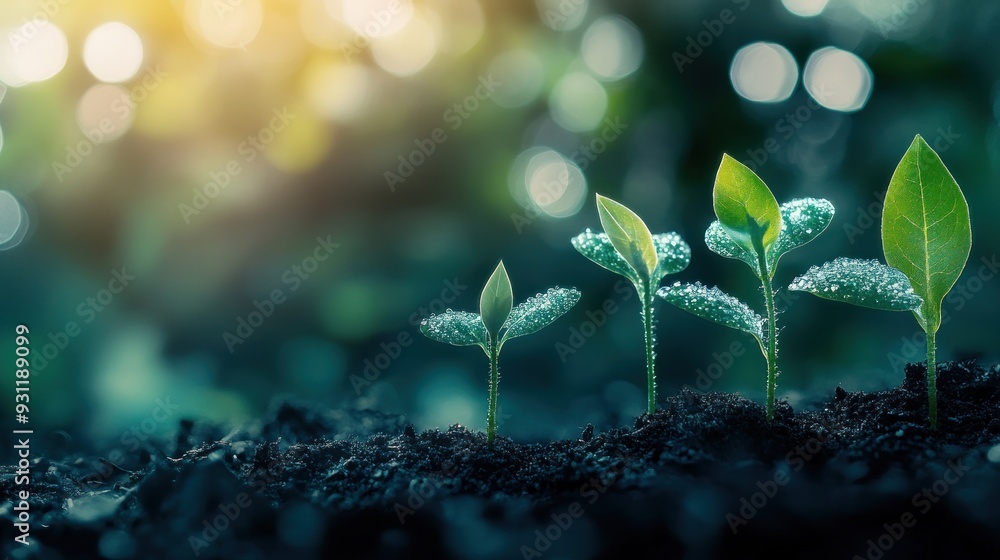 ภาพประกอบสต็อก Three stages of plant growth in soil with a blurred ...