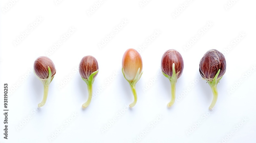 Five stages of a plant seed germination process arranged in a row on a ...