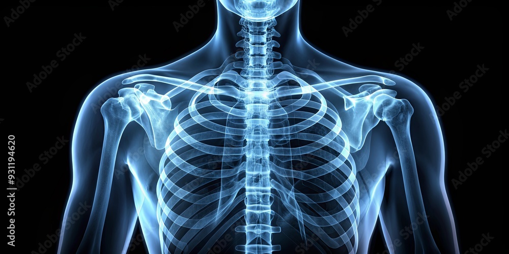 X-ray image of shoulder and rib cage, anatomy, health, medical, scan ...
