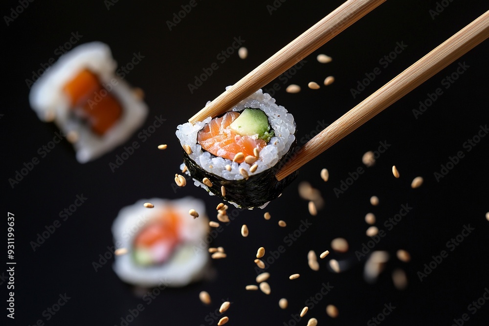 Flying sushi pieces are placed between chopsticks. Sushi and roll ...