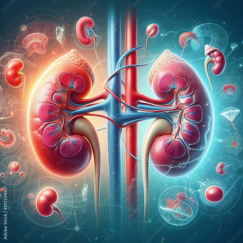Medical illustration of two human kidney organs, urological system ...