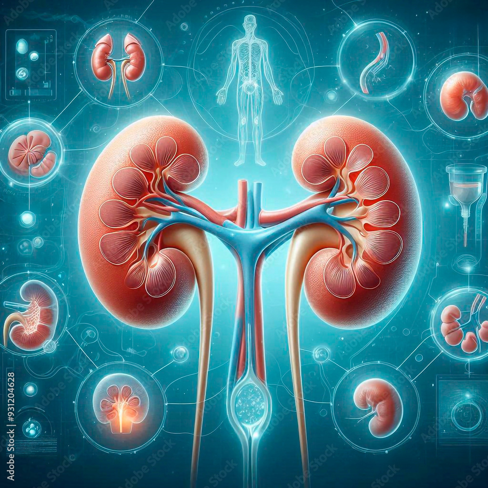 Medical illustration of two human kidney organs, urological system ...