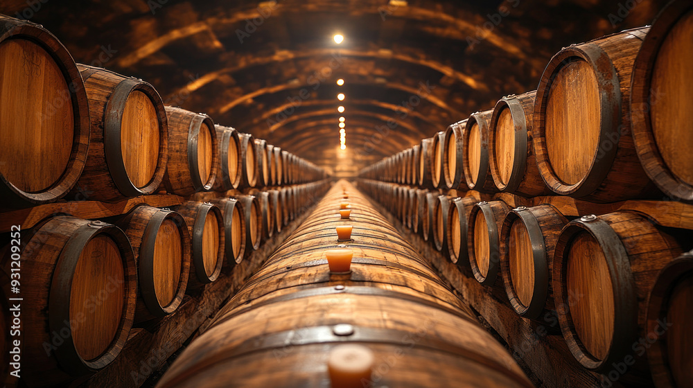 Rows of aged wooden barrels stacked neatly in a dimly lit warehouse ...