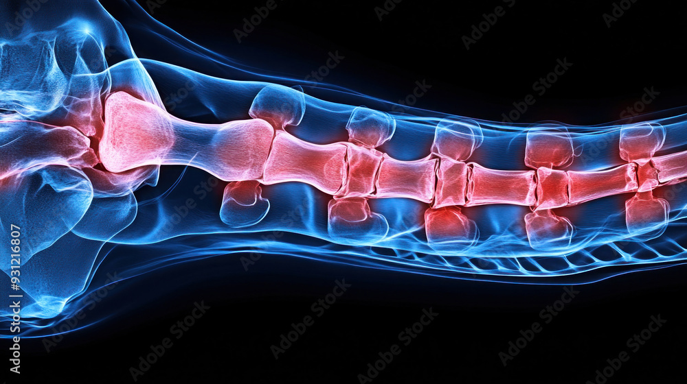 The X-ray of a foot reveals stress fractures, with red marks ...