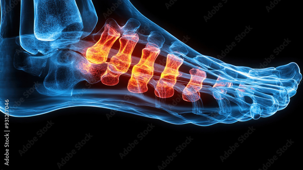 The X-ray of a foot reveals stress fractures, with red marks ...