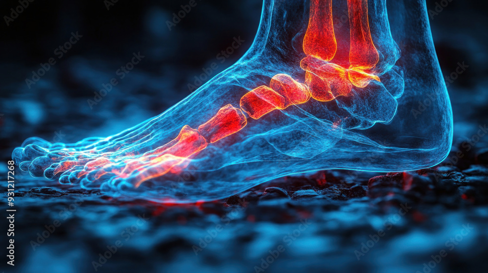 The X-ray of a foot reveals stress fractures, with red marks ...