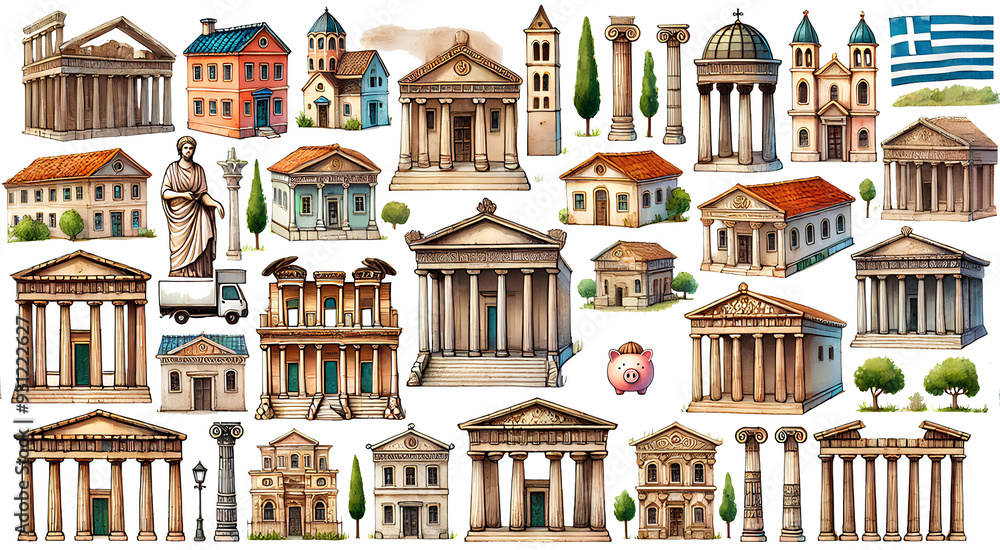 Watercolor clip art of various Greek architecture on a white background ...