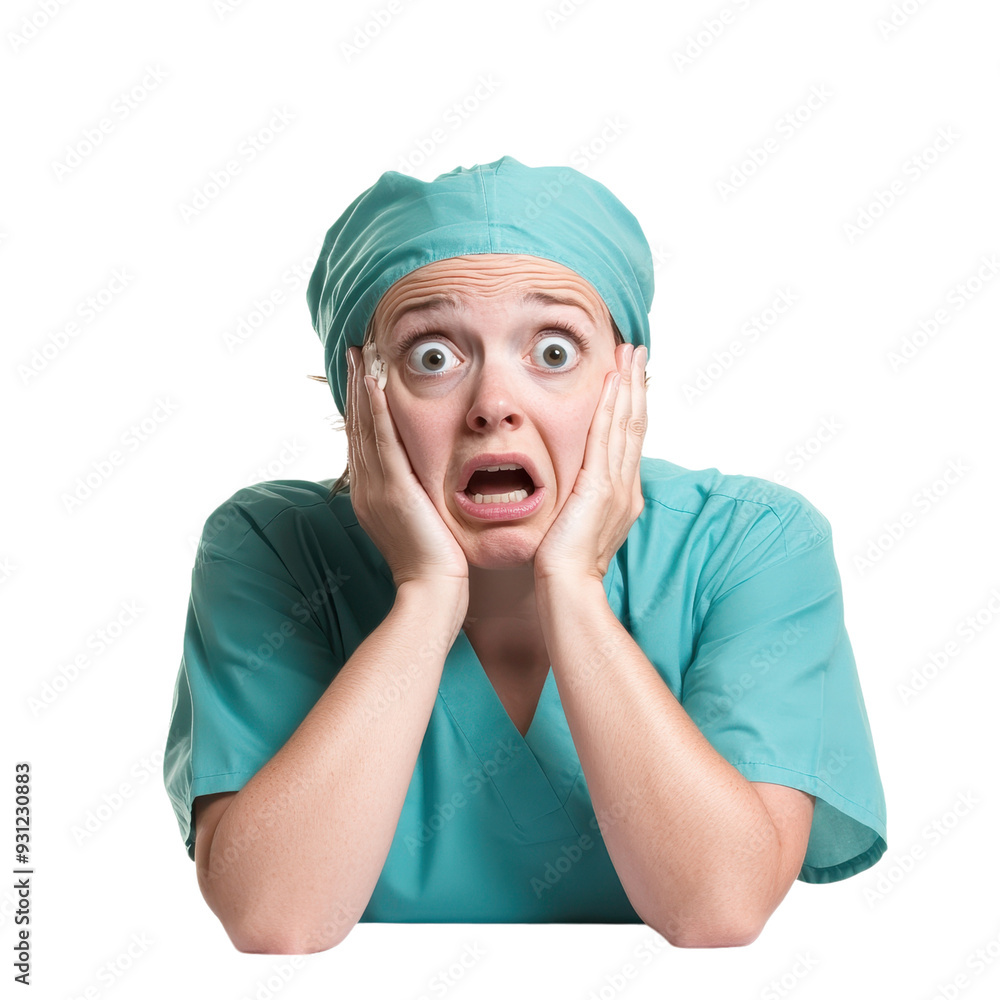 Surprised female surgeon with hands on face, representing shock and ...