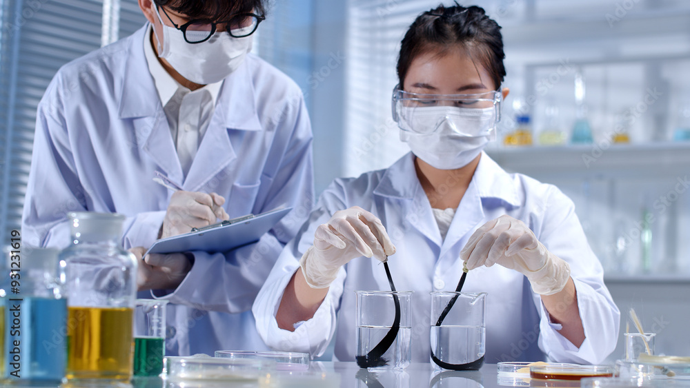 Two black hair samples were dipped into a transparent solution by the ...