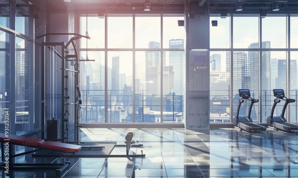 Fitness center gym interior design with daylight big window center city ...