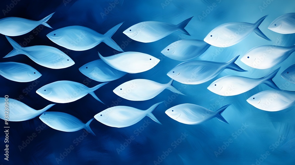 Gentle illumination reveals a school of fish, their scales shimmering ...