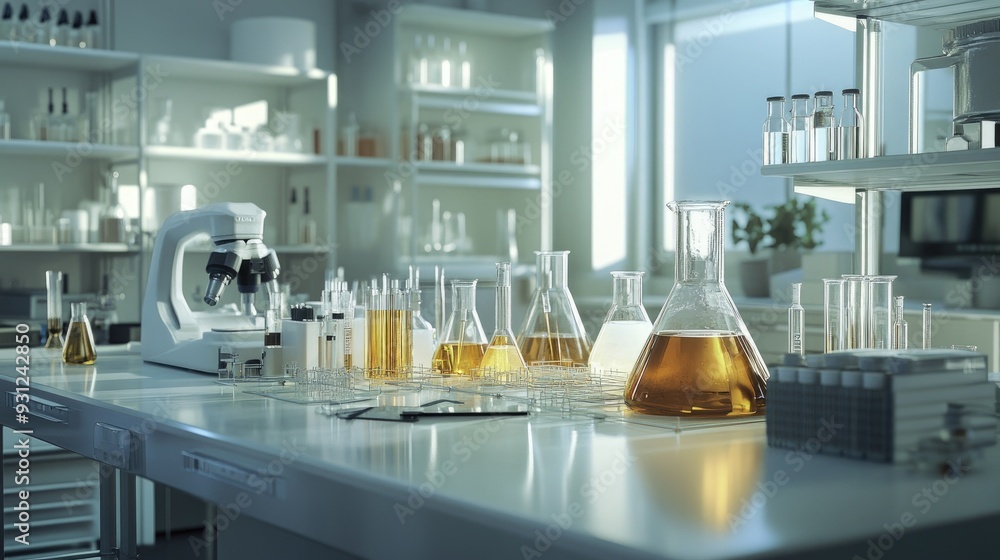 A modern lab with test tubes, beakers, and various scientific ...