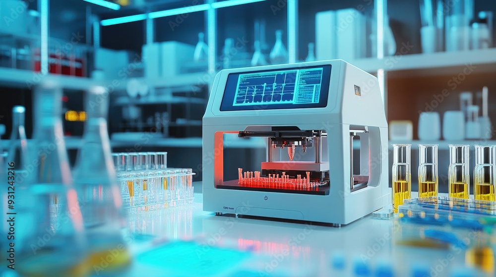 High-tech lab with a 3D printer in focus, surrounded by beakers, test ...