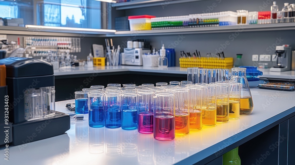Organized lab setup with rows of colorful test tubes, beakers, and ...