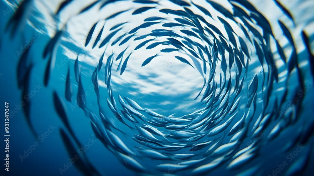 In the open sea, a shimmering, spherical formation of fish, creating a ...