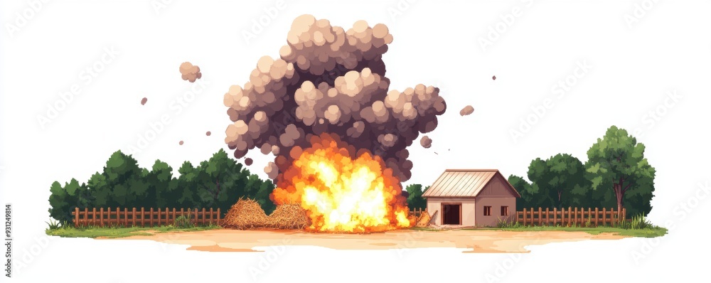methane gas explosion in a remote farming area, flammable and dramatic ...