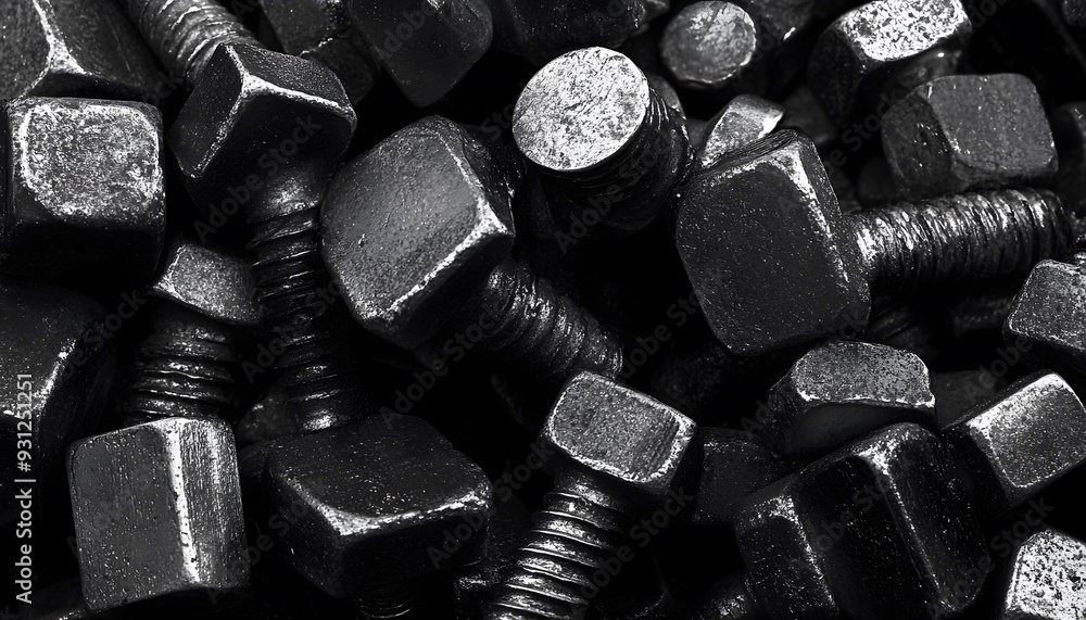 Black and white photo of scattered bolts, close-up, high resolution. The photo depicts scattered ...