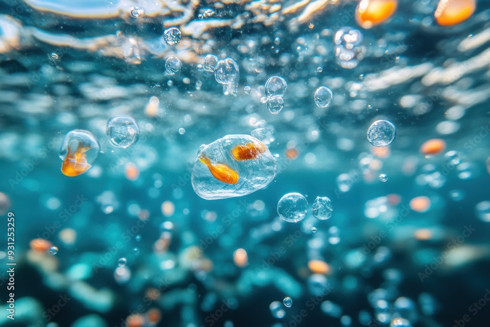 Microscopic plankton and zooplankton floating in nutrient-rich ocean ...