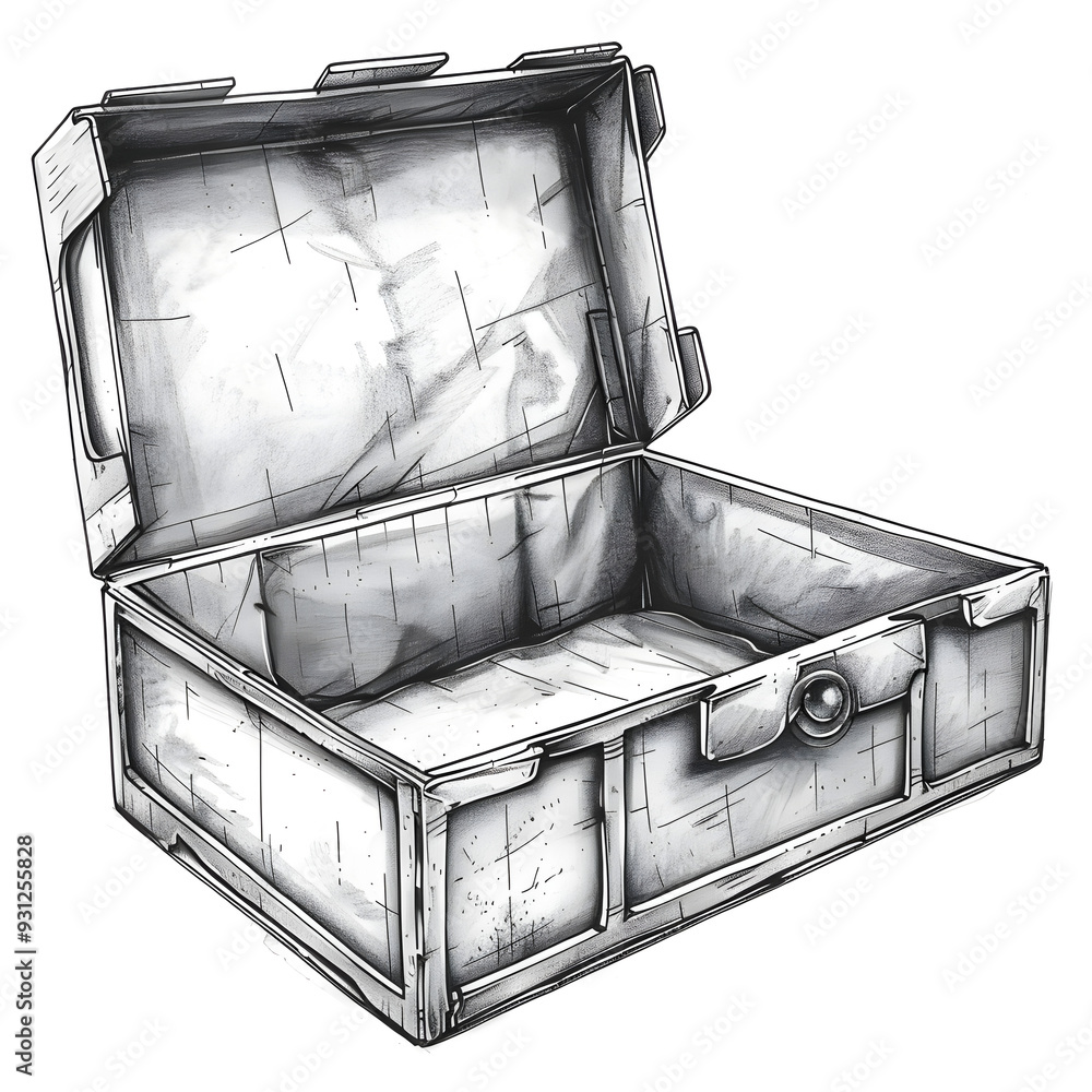 Detailed Sketch of Open Cardboard Box on Clean White Background in ...