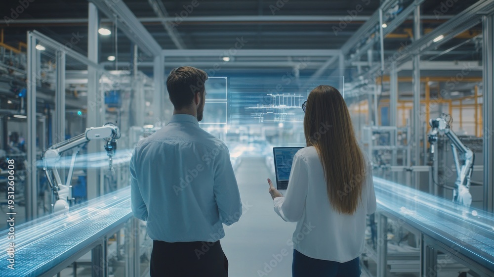 Two professionals are observing an advanced manufacturing line with ...