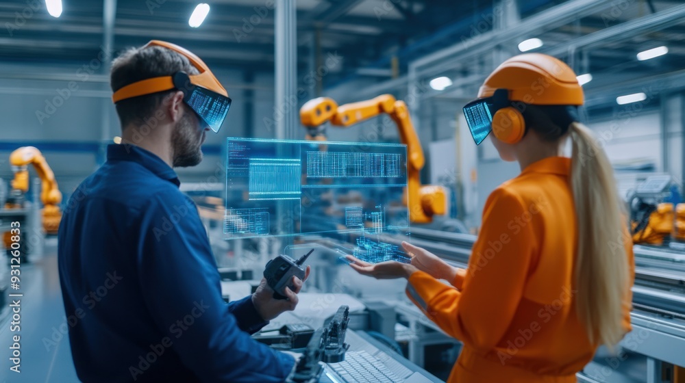 Two engineers wearing augmented reality headsets work with a ...